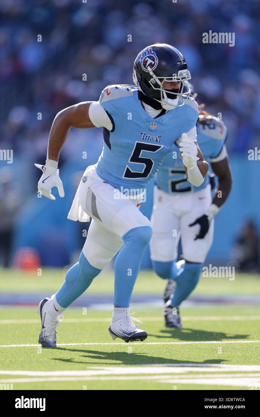 Tennessee Titans wide receiver Elic Ayomanor (5) runs a route during ...