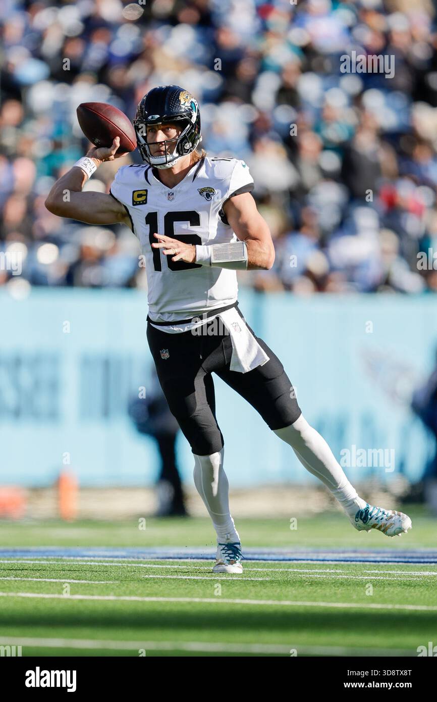 Jacksonville Jaguars quarterback Trevor Lawrence (16) passes the ball ...