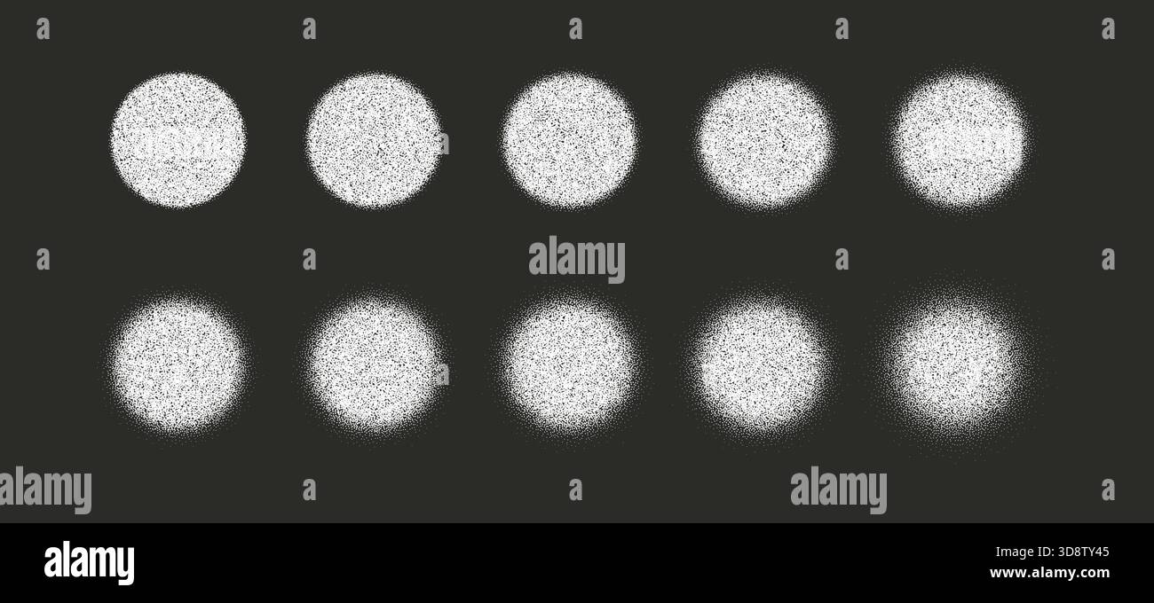 Set of grainy stipple circles with soft halftone noise and gradient ...