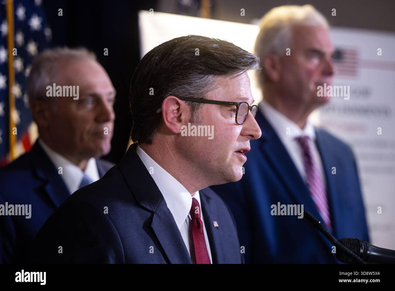 House Speaker Mike Johnson (R-La.), flanked by Reps. Steve Scalise (R ...