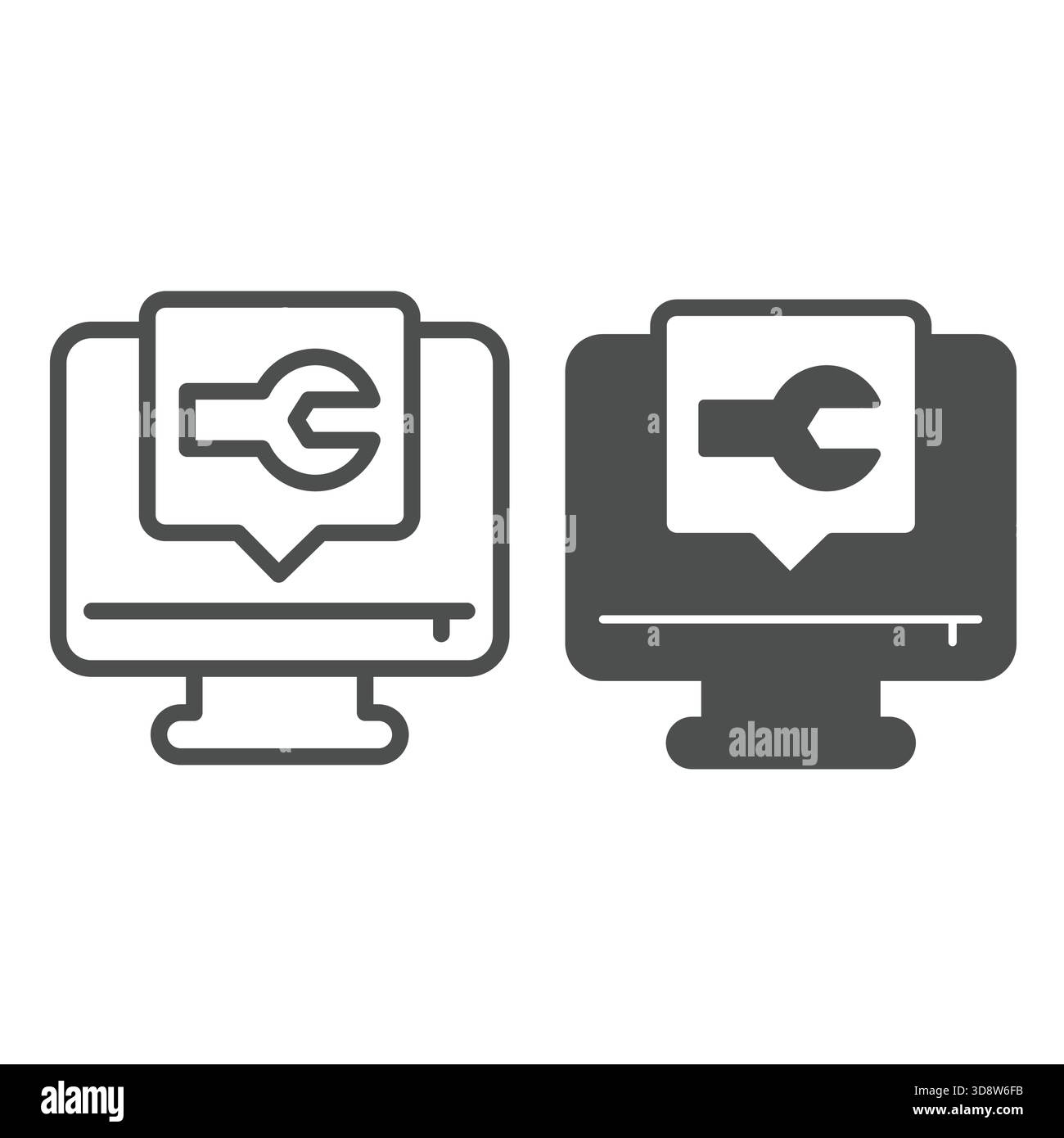 Monitor screen with wrench popup window line and solid icon, repair ...