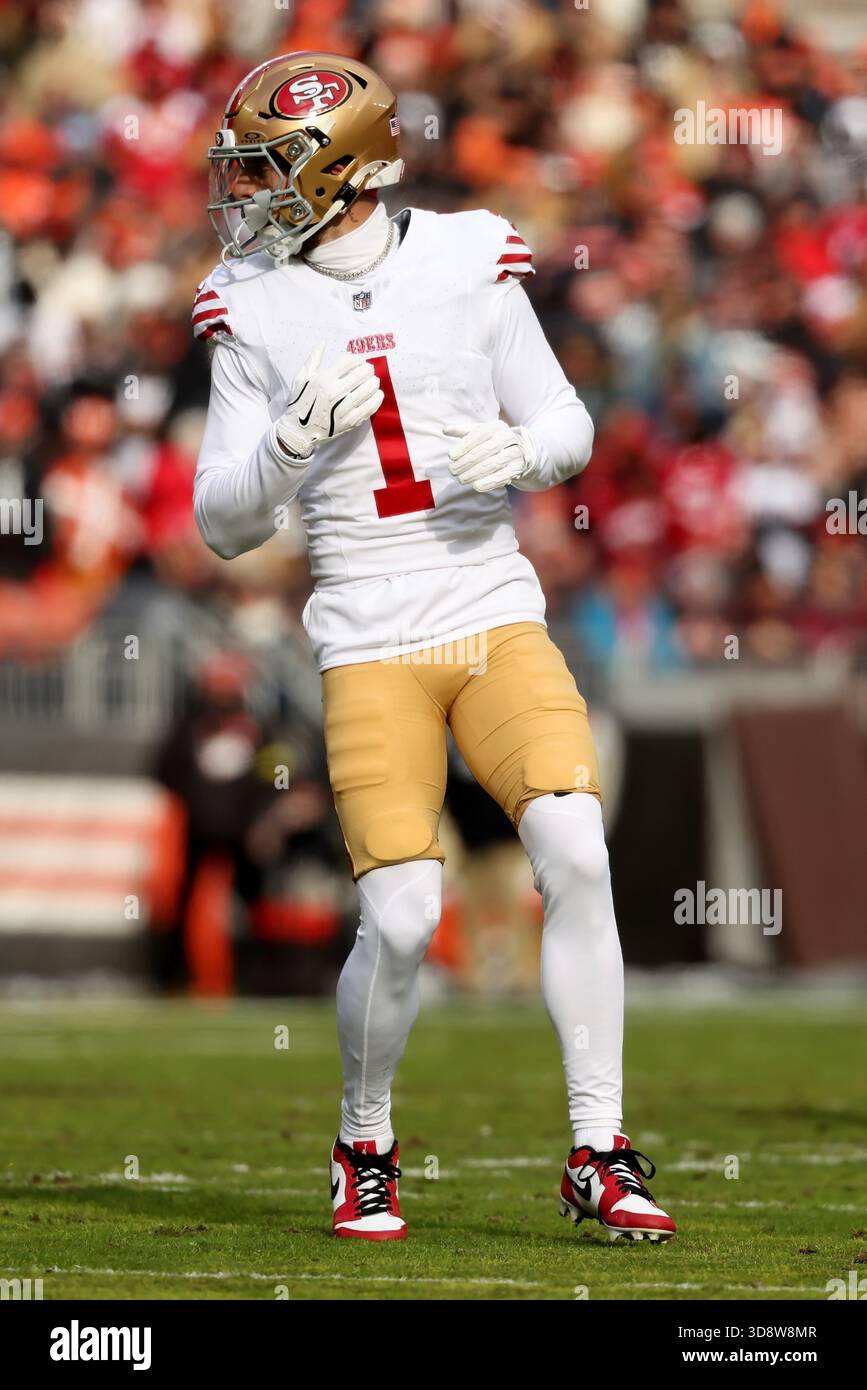 San Francisco 49ers wide receiver Ricky Pearsall (1) lines up for a ...