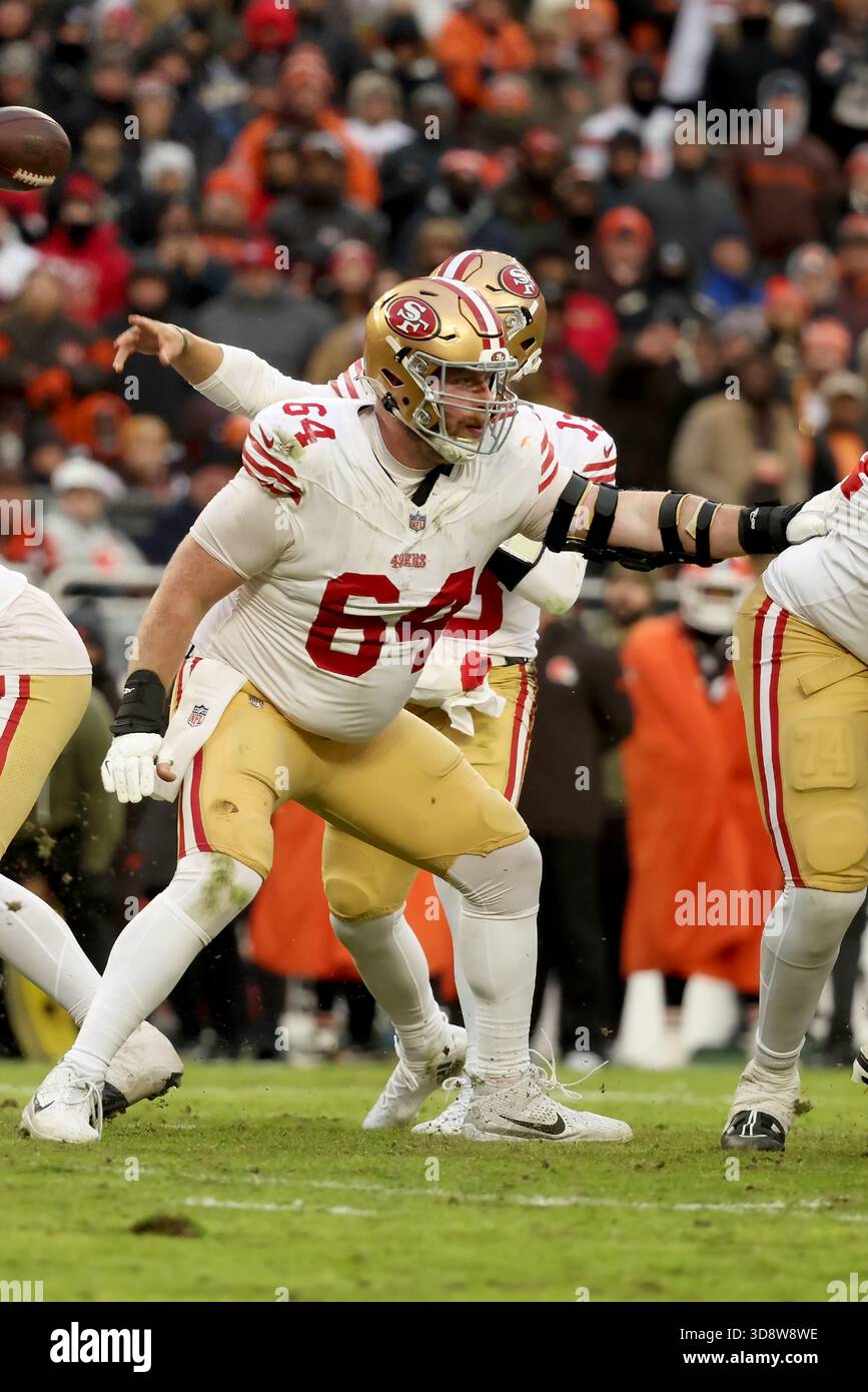 San Francisco 49ers center Jake Brendel (64) looks to make a block ...