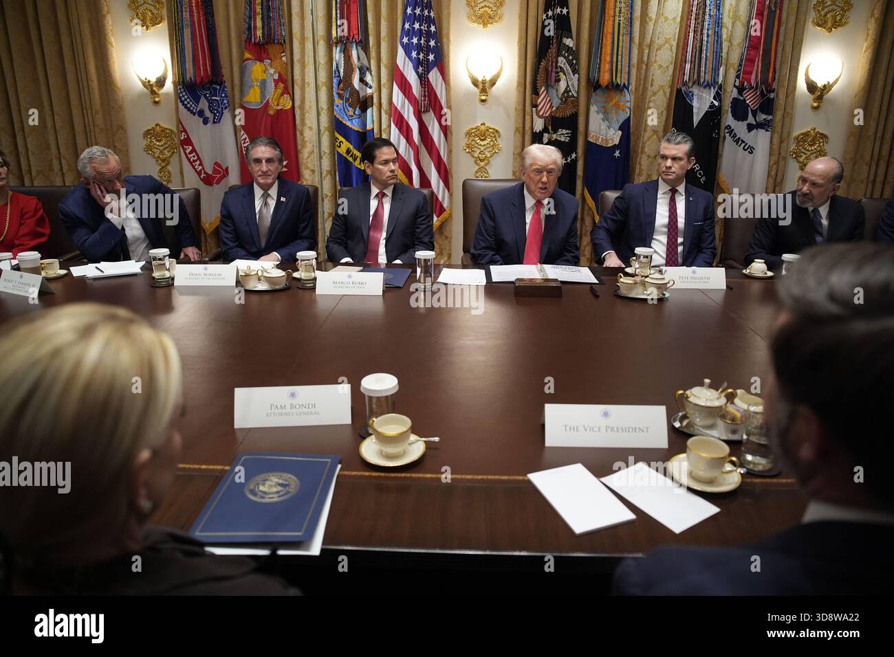United States President Donald J Trump makes opening remarks as he ...