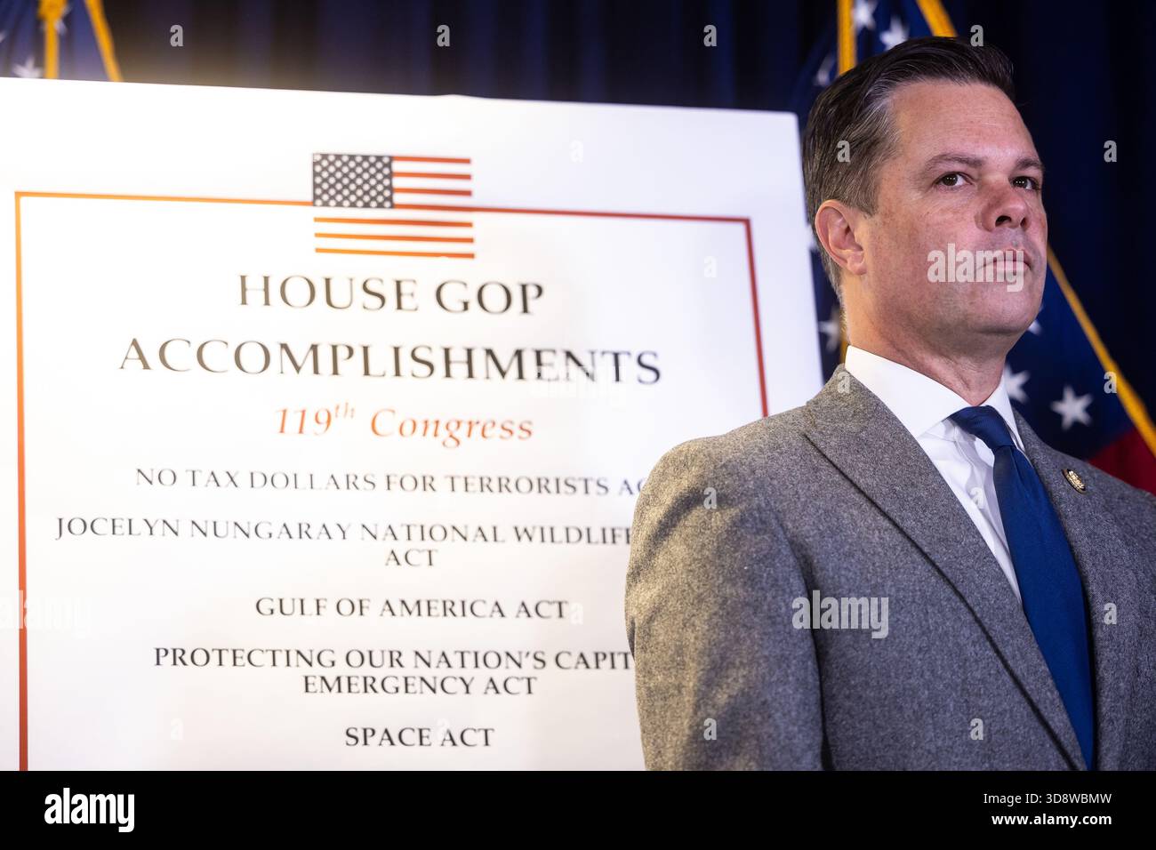 Rep. Zach Nunn (R-Iowa) looks on during a press conference at ...