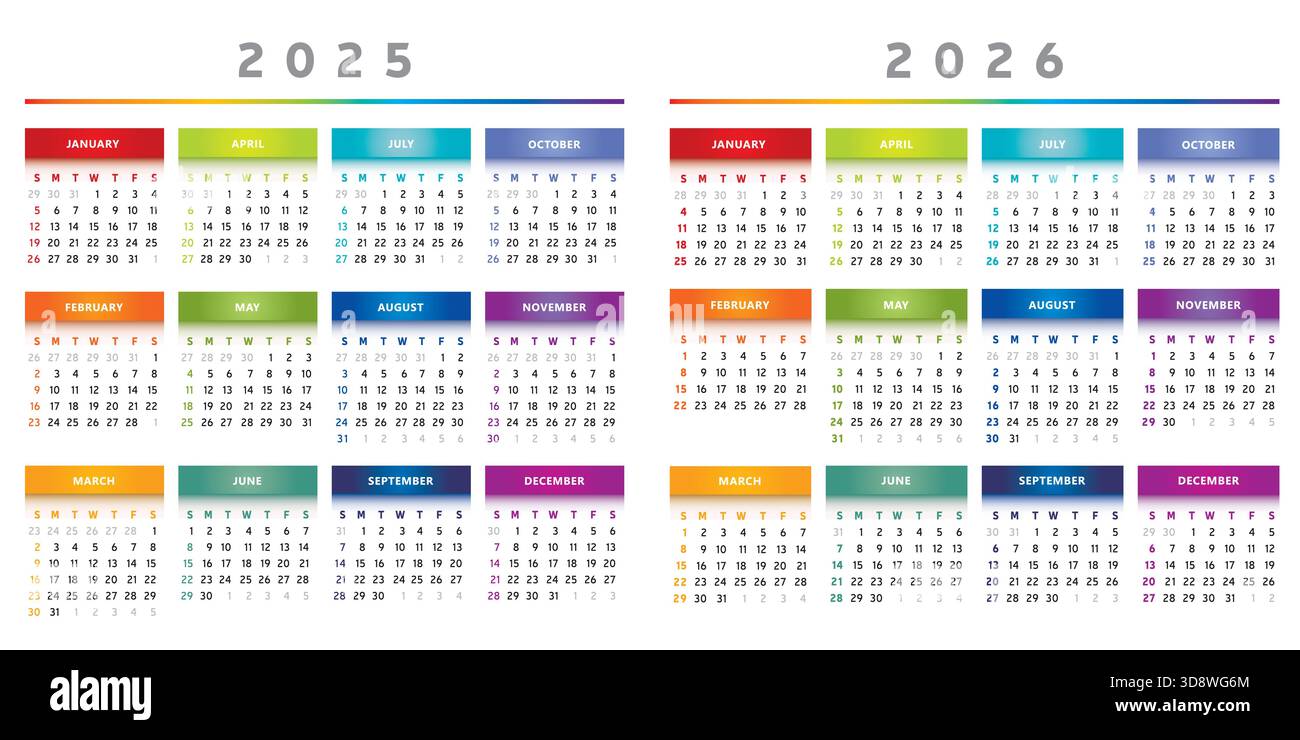 2025 and 2026 Calendar with Boxes in Rainbow Colors 4 Columns - English ...