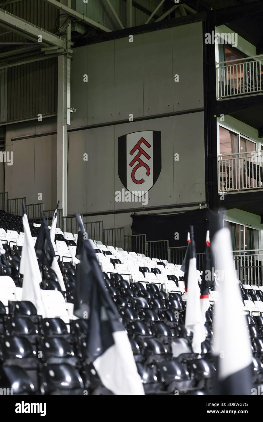 The Fulham badge is seen inside the stadium prior to the Fulham v Manchester City Premier League ...