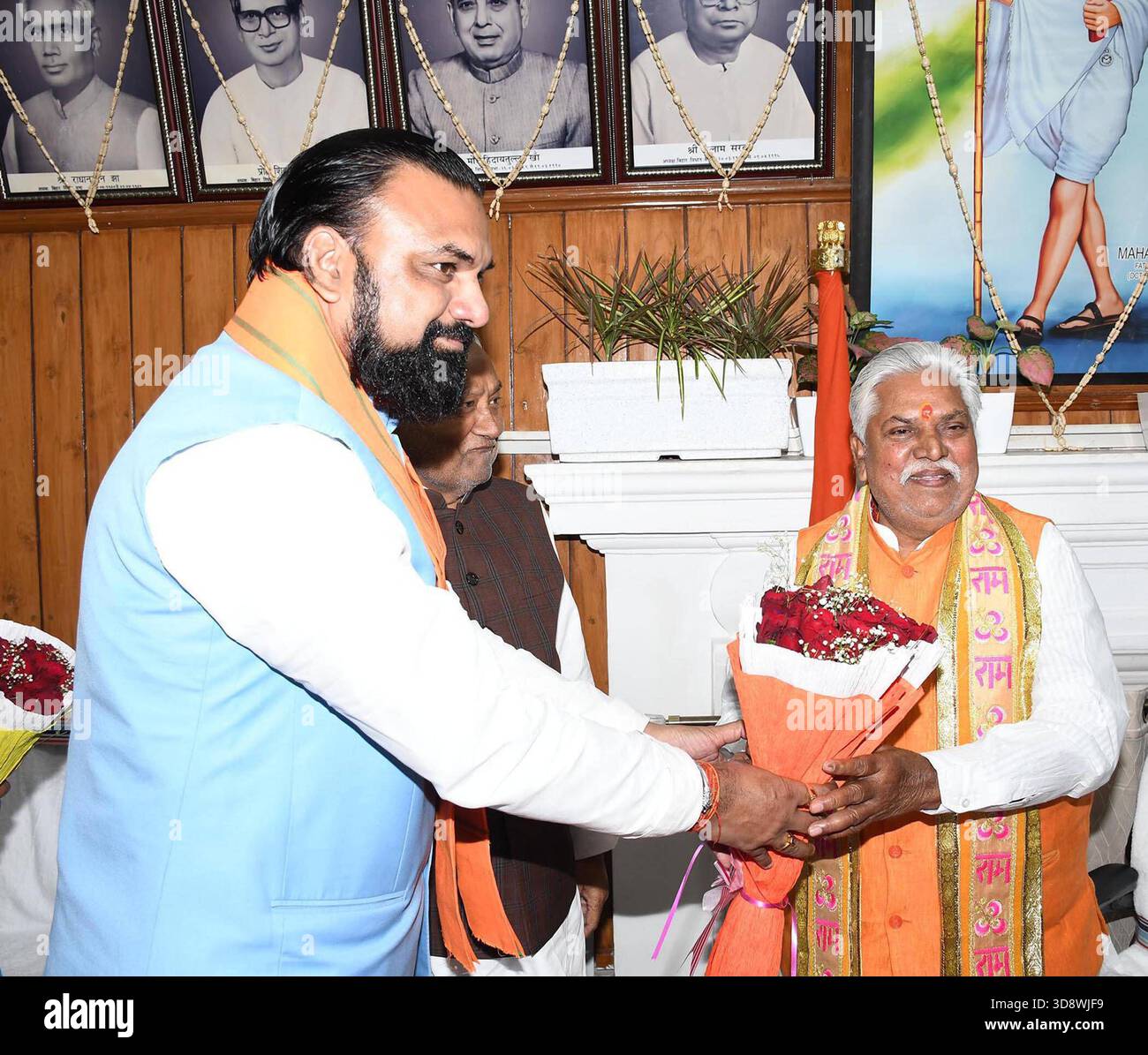 PATNA, INDIA - DECEMBER 2: Bihar Deputy Chief Minister Samrat Choudhary greets newly elected ...