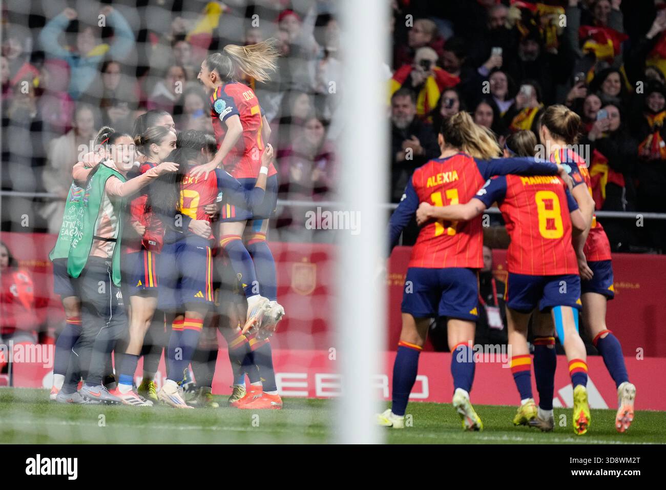 Spain players celebrate after Spain's Claudia Pina scored her side's ...