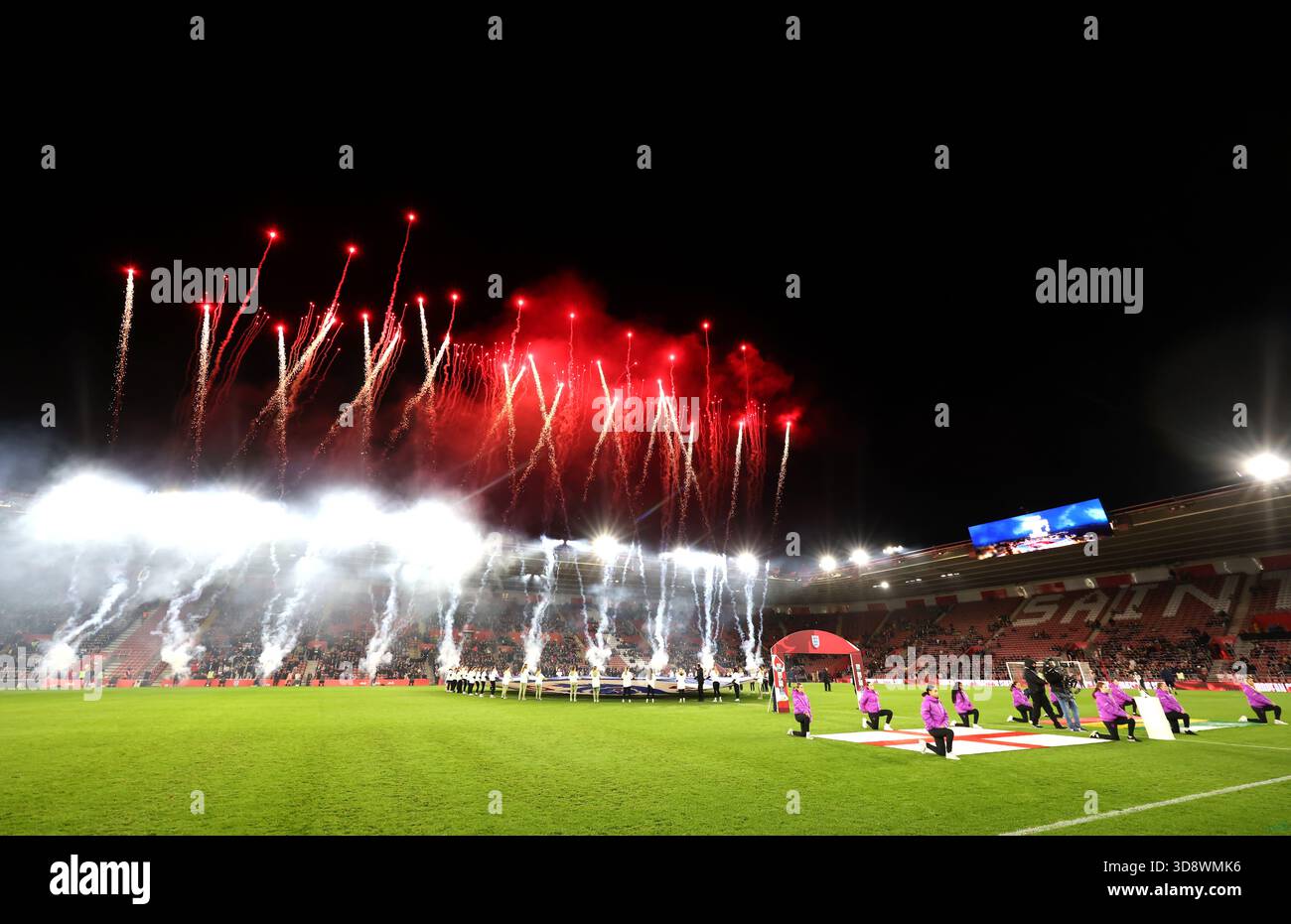 A general view of pyrotechnics being sent off inside the stadium before ...