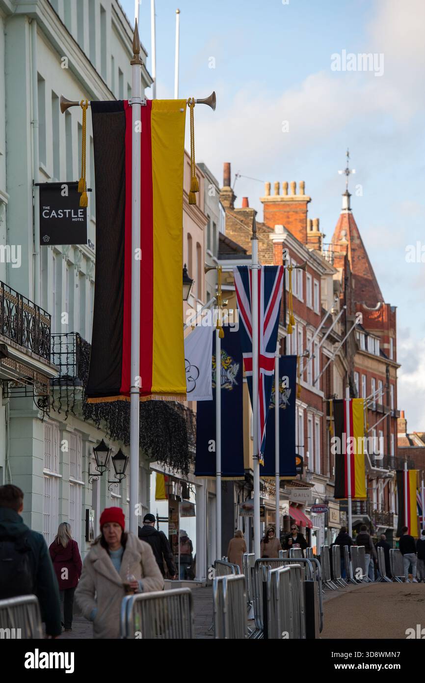 Windsor, Berkshire, UK. 2nd December, 2025. German and Union Jack flags ...