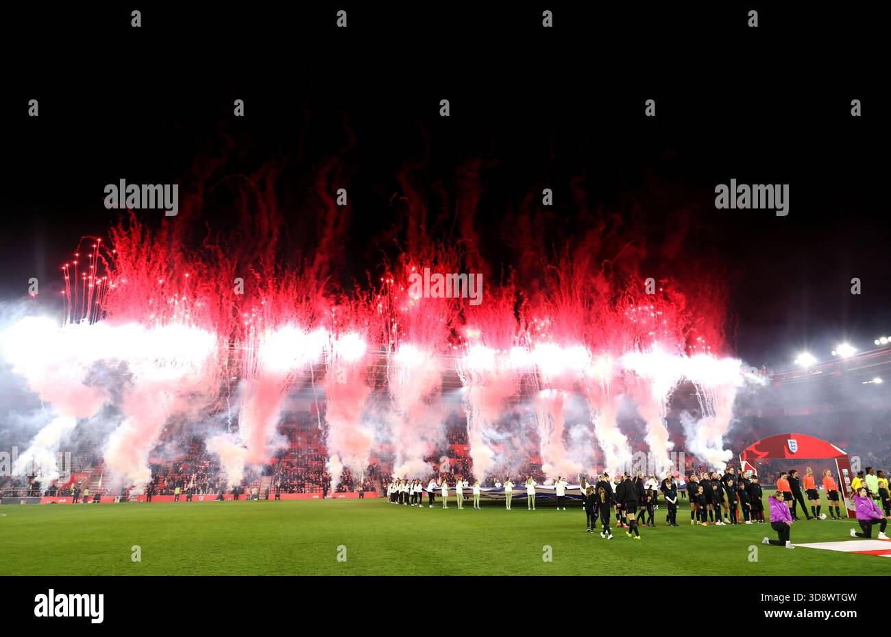 A general view of pyrotechnics being sent off inside the stadium before ...