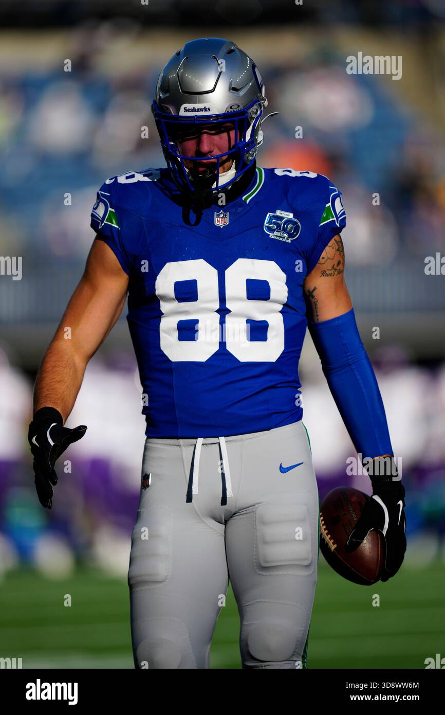 Seattle Seahawks tight end AJ Barner (88) looks on before an NFL ...