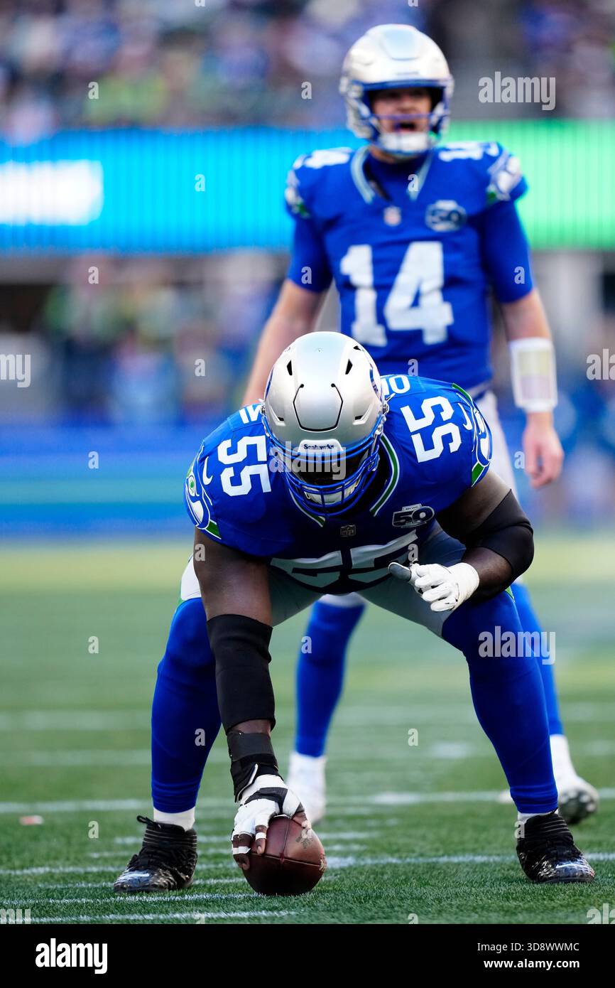 Seattle Seahawks center Olu Oluwatimi (55) gets set during an NFL ...