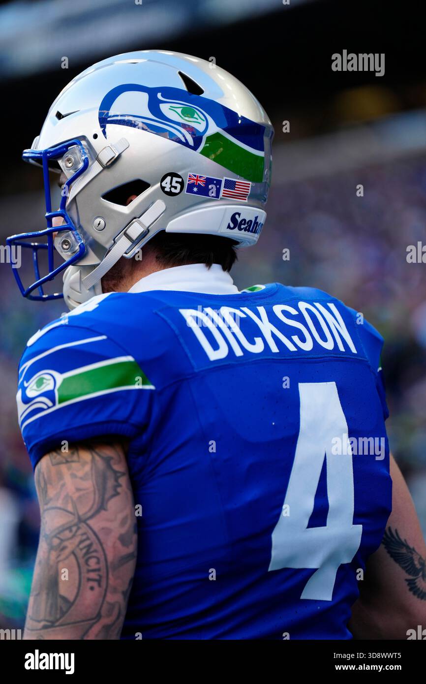 Seattle Seahawks punter Michael Dickson (4) looks on while wearing a ...