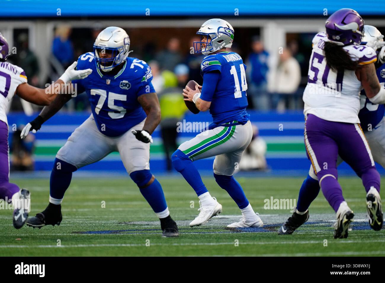 Seattle Seahawks quarterback Sam Darnold (14) looks to pass the ball ...