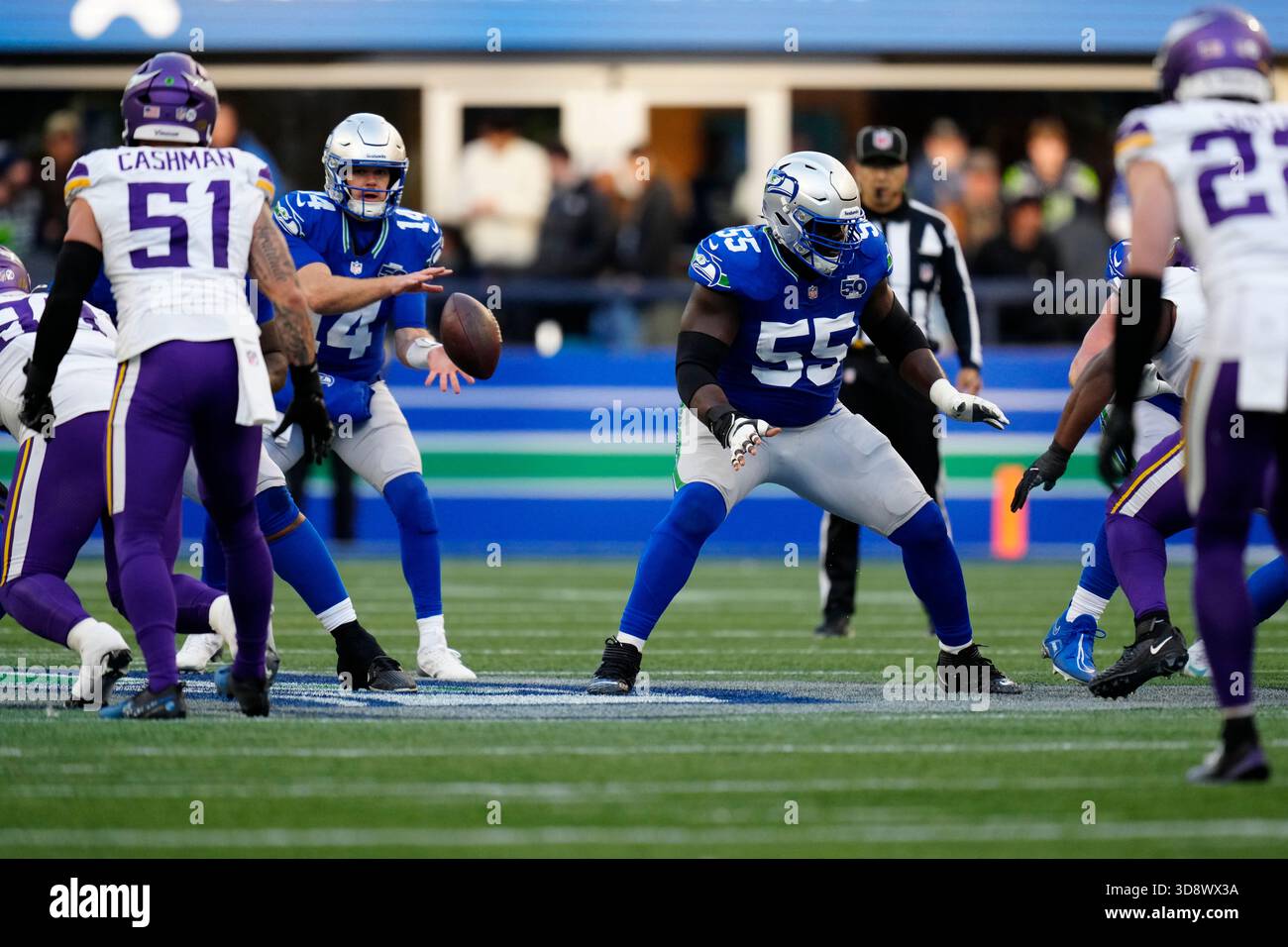 Seattle Seahawks center Olu Oluwatimi (55) waits to block while ...