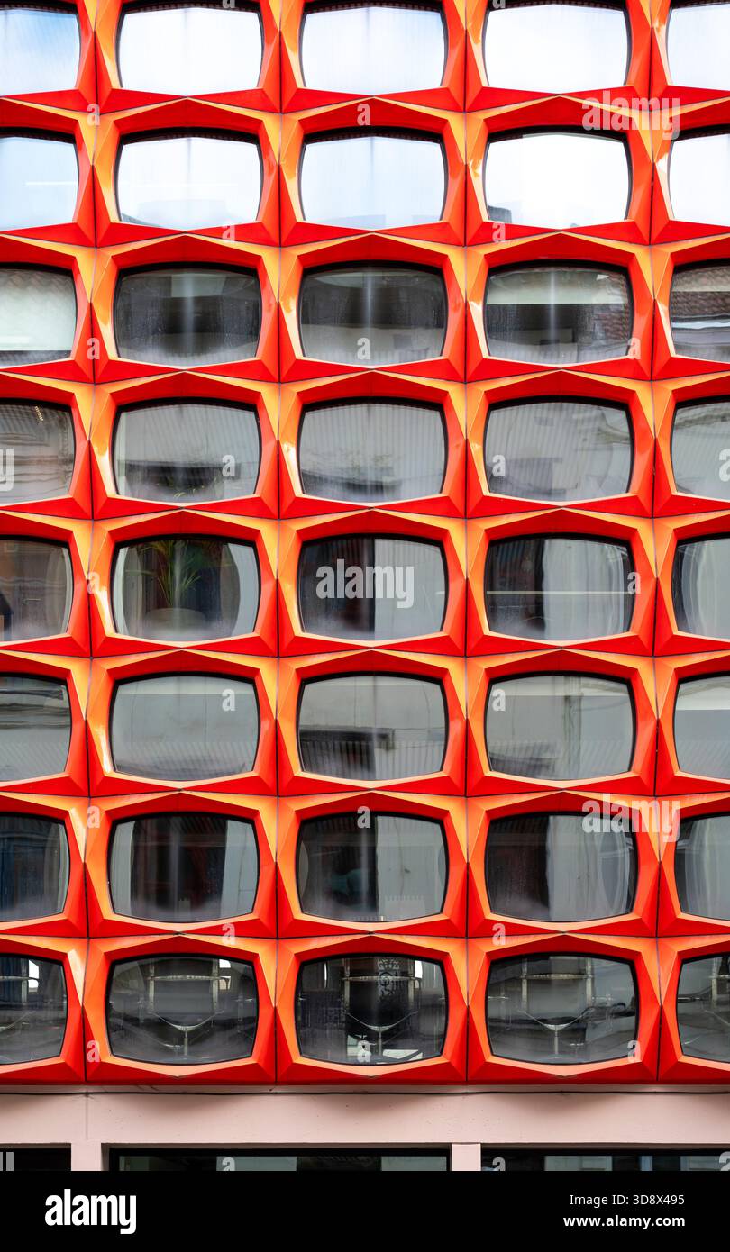 Close-up architectural detail of the SABAM headquarters on Rue d’Arlon ...