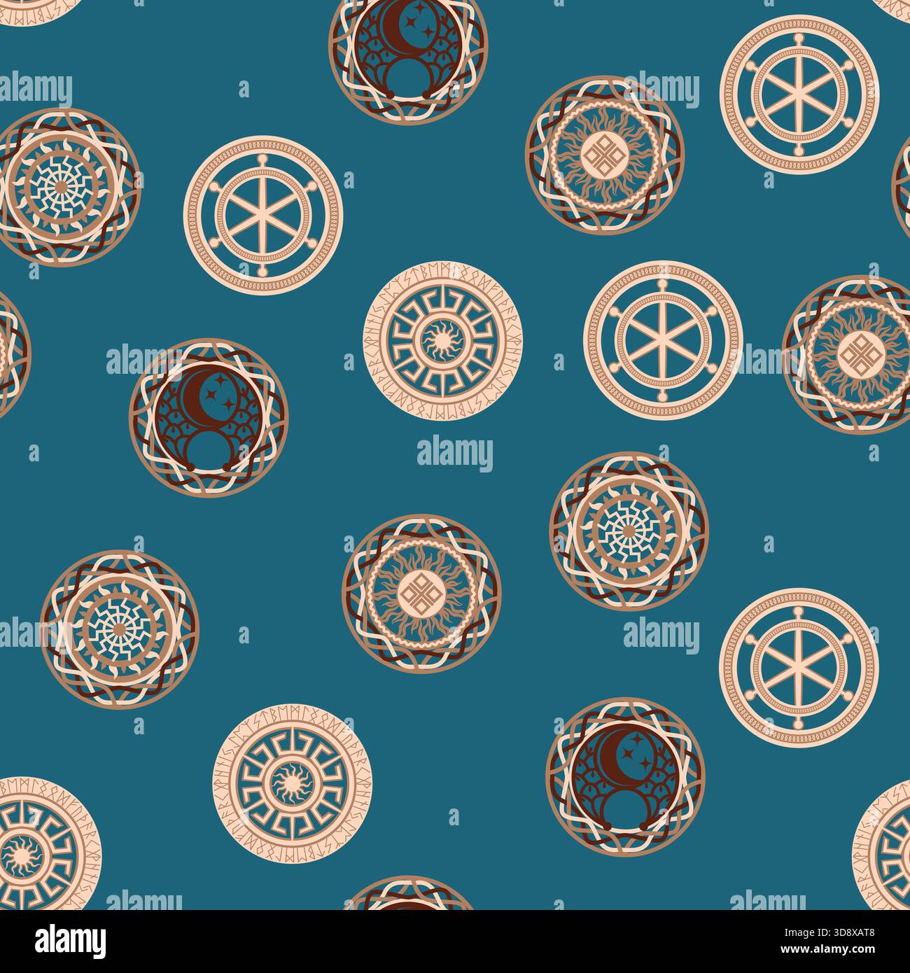 Seamless pattern ancient Slavic symbols. Star of the arkgamma, kolovrat ...