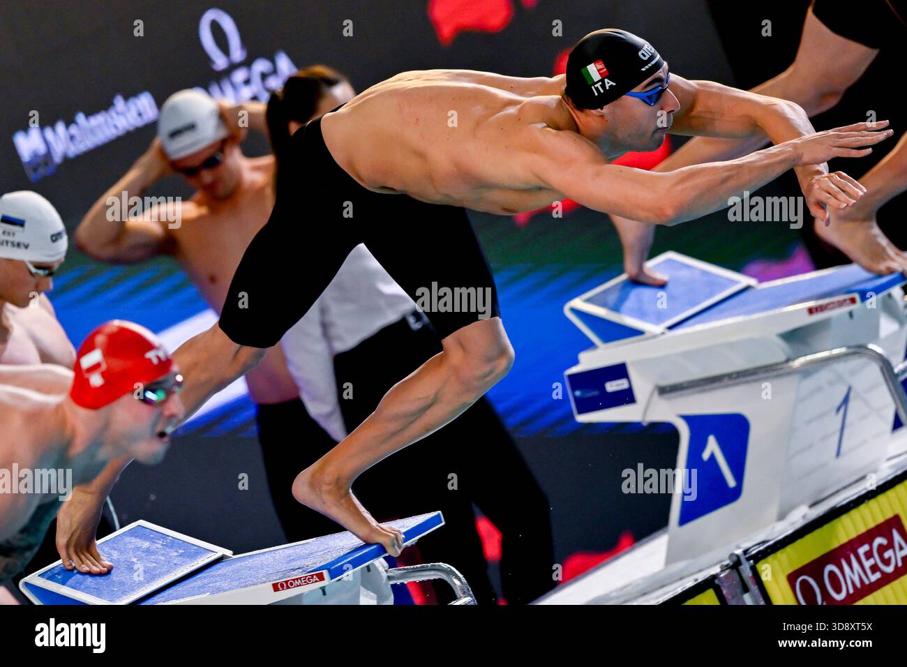 Leonardo Deplano of Italy competes in the 4X50m. Freestyle Relay Men ...