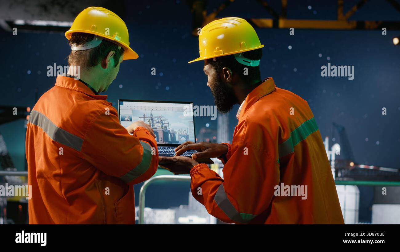 Environmental officers team inspect offshore oil platform under aurora ...