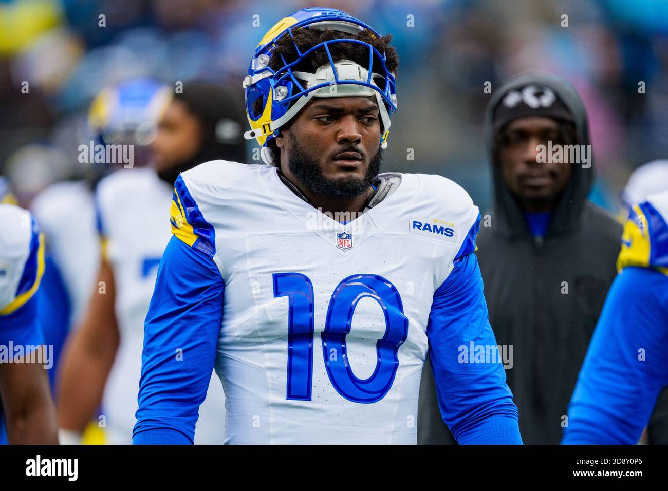 Los Angeles Rams linebacker Josaiah Stewart (10) looks on before an NFL ...