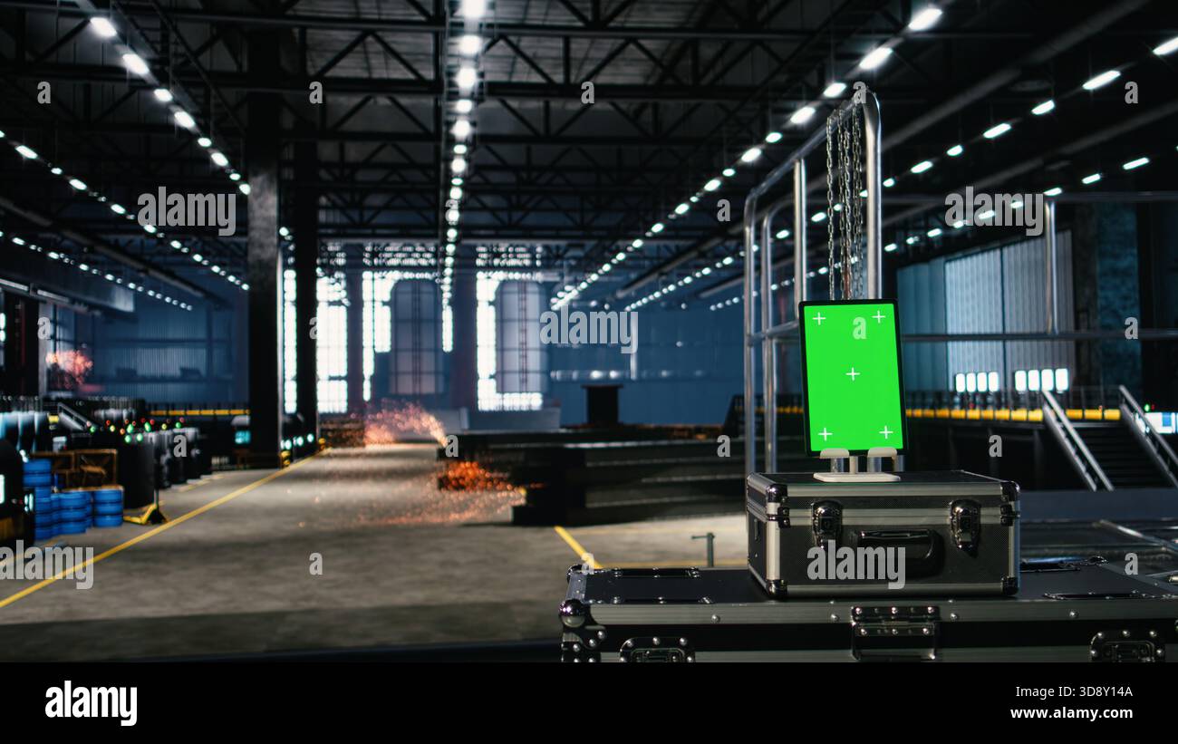 Vertical green screen in a heavy industry factory features metallic ...