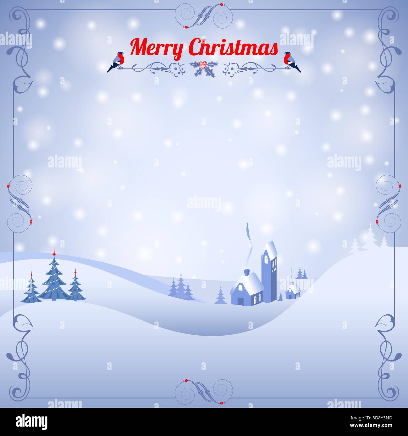 Christmas background with Retro Frame, Tree, Bullfinch and House ...
