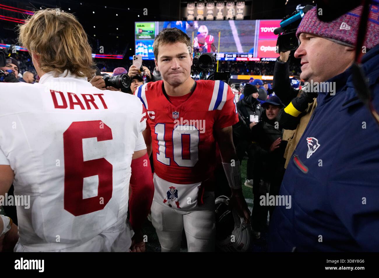 New England Patriots quarterback Drake Maye (10) after an NFL football ...