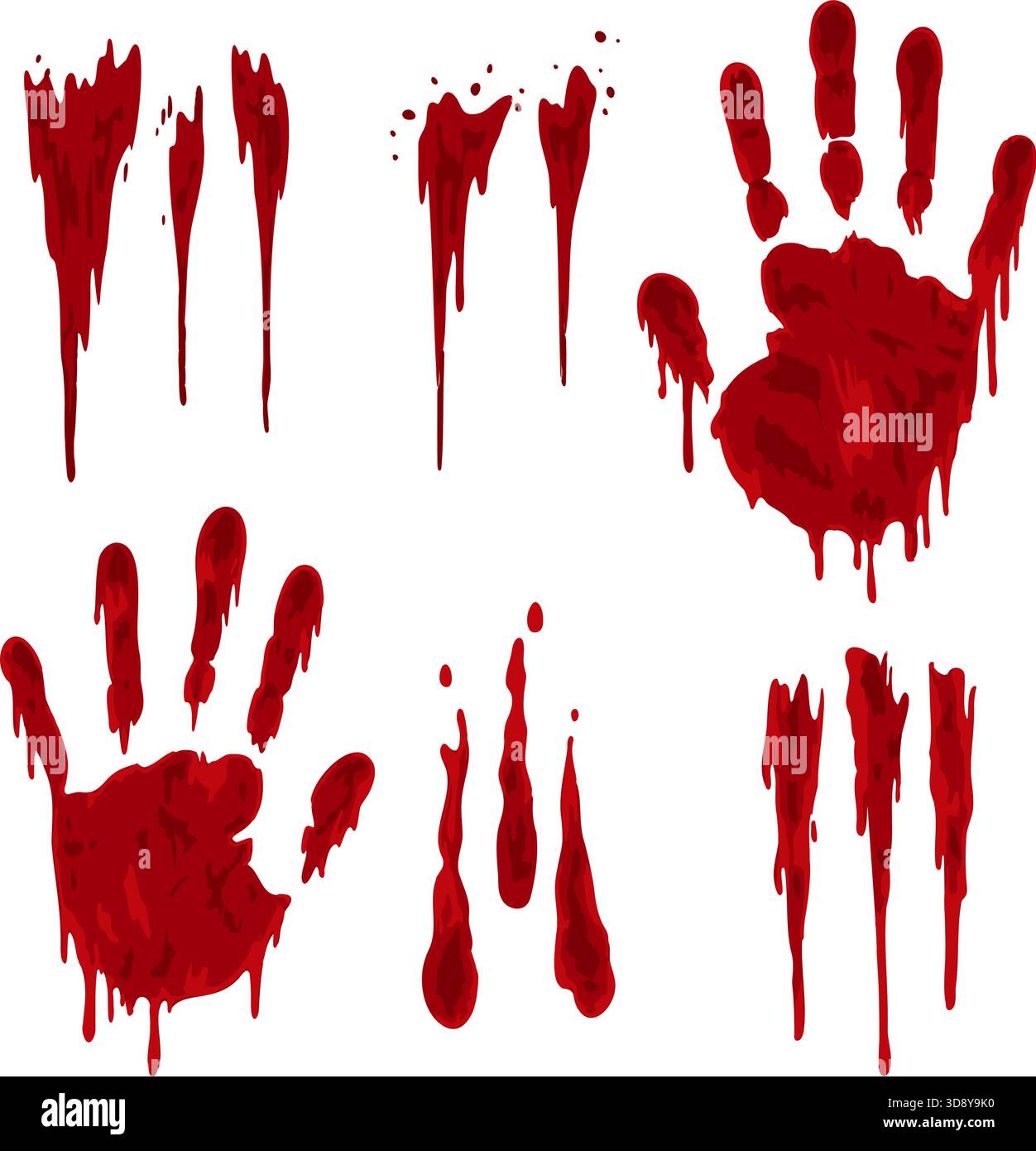 Set of bloody handprints and dripping stains. Horror-themed red blood ...