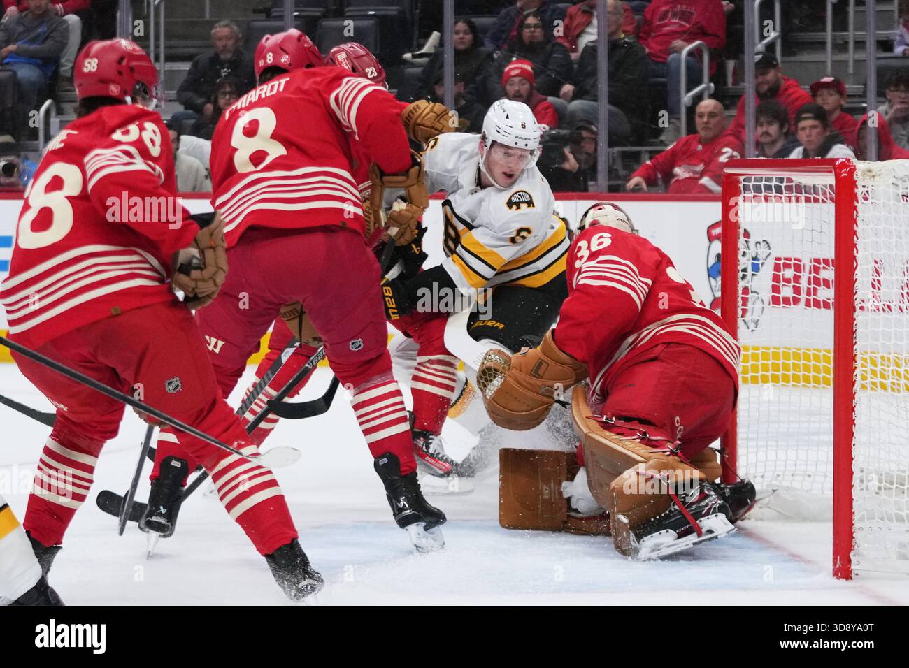 Detroit Red Wings goaltender John Gibson (36) stops a Boston Bruins ...