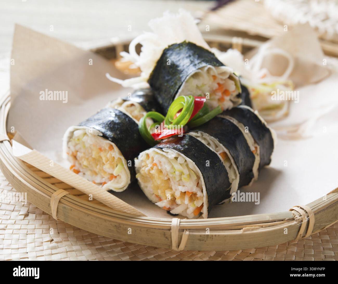 Closeup of a Singapore popiah fresh spring roll with a filling of ...
