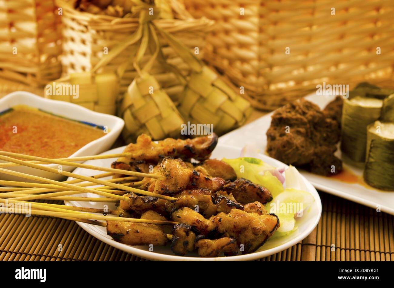 Asian malay Ramadhan foods, satay chicken, rendang, lemang and ketupat ...