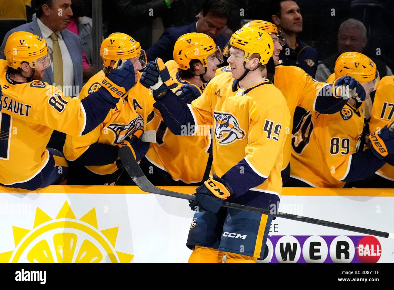 Nashville Predators left wing Reid Schaefer (49) is congratulated after ...