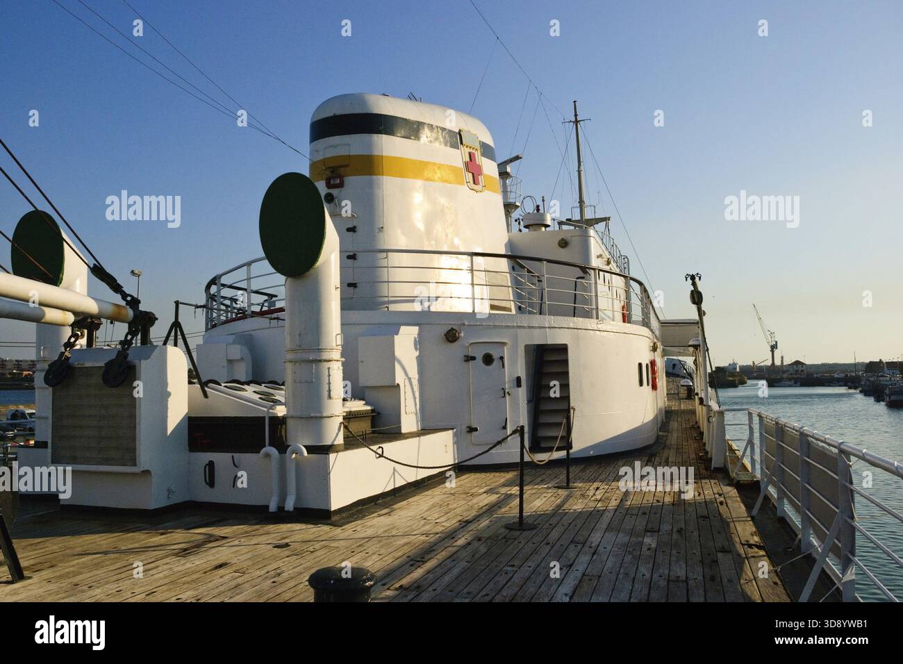 On the top of ship upper deck, with fence, cabin and wires Stock Photo ...