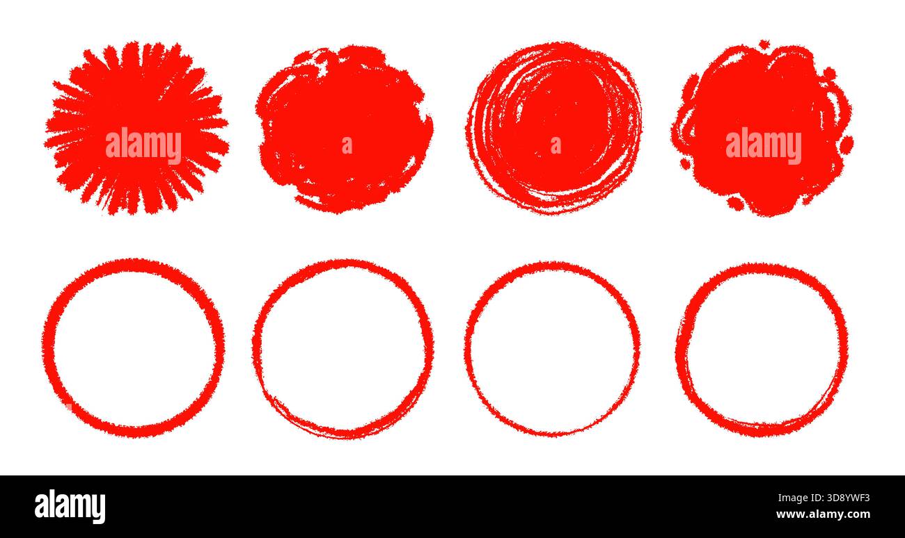 Red circle marker set. Circle frame design in red crayon brush lines ...