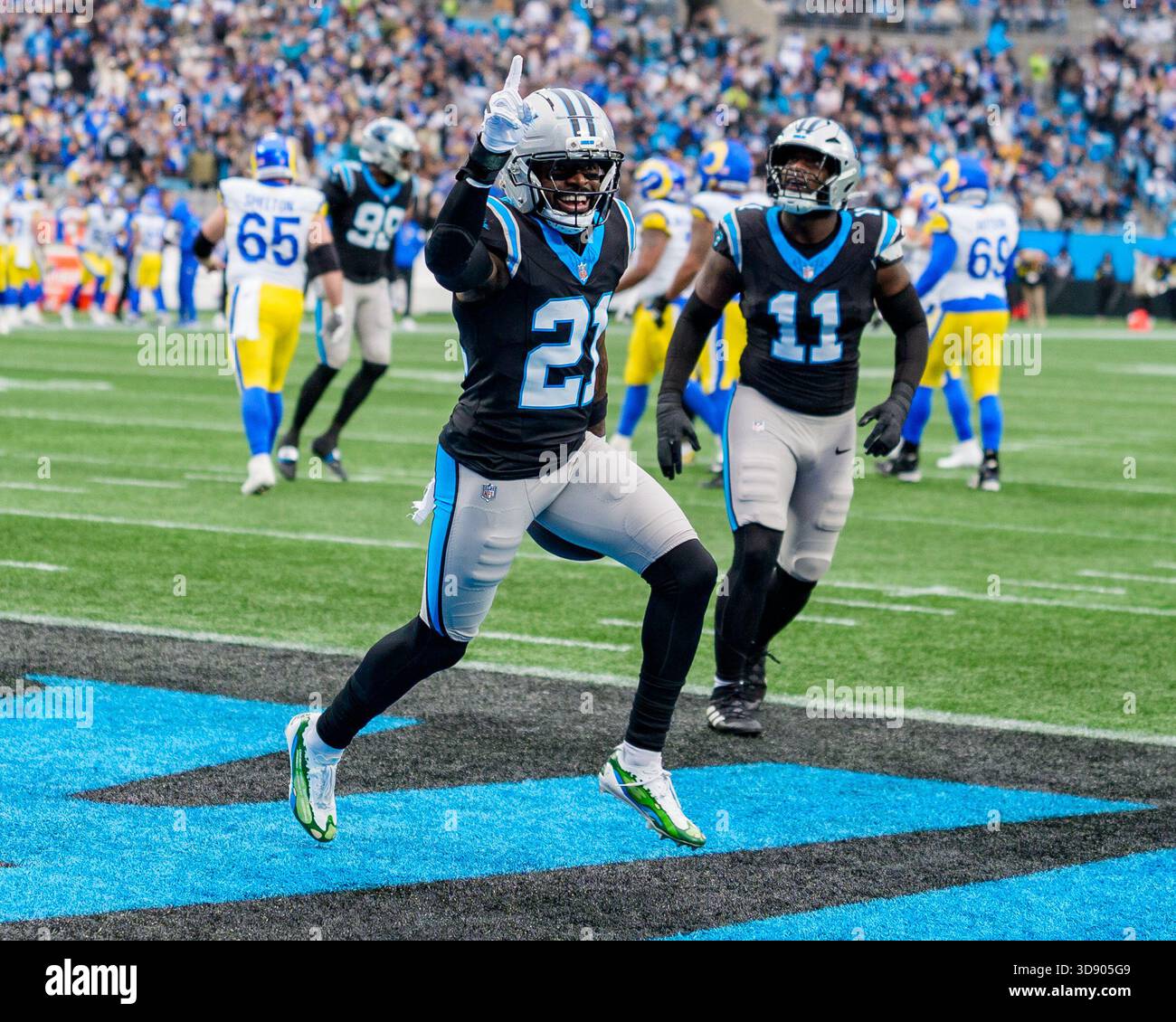 Carolina Panthers safety Nick Scott (21) celebrates an interception ...