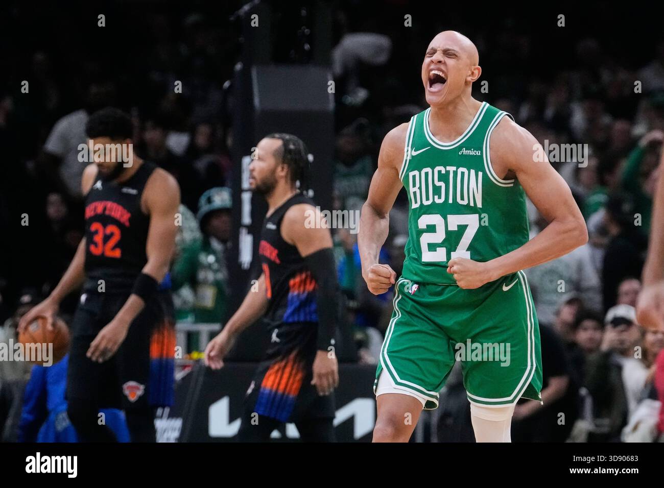 Boston Celtics guard Jordan Walsh (27) celebrates after a basket ...