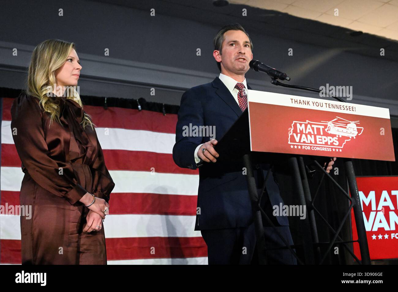 Republican candidate Matt Van Epps speaks alongside his wife Meg at a ...