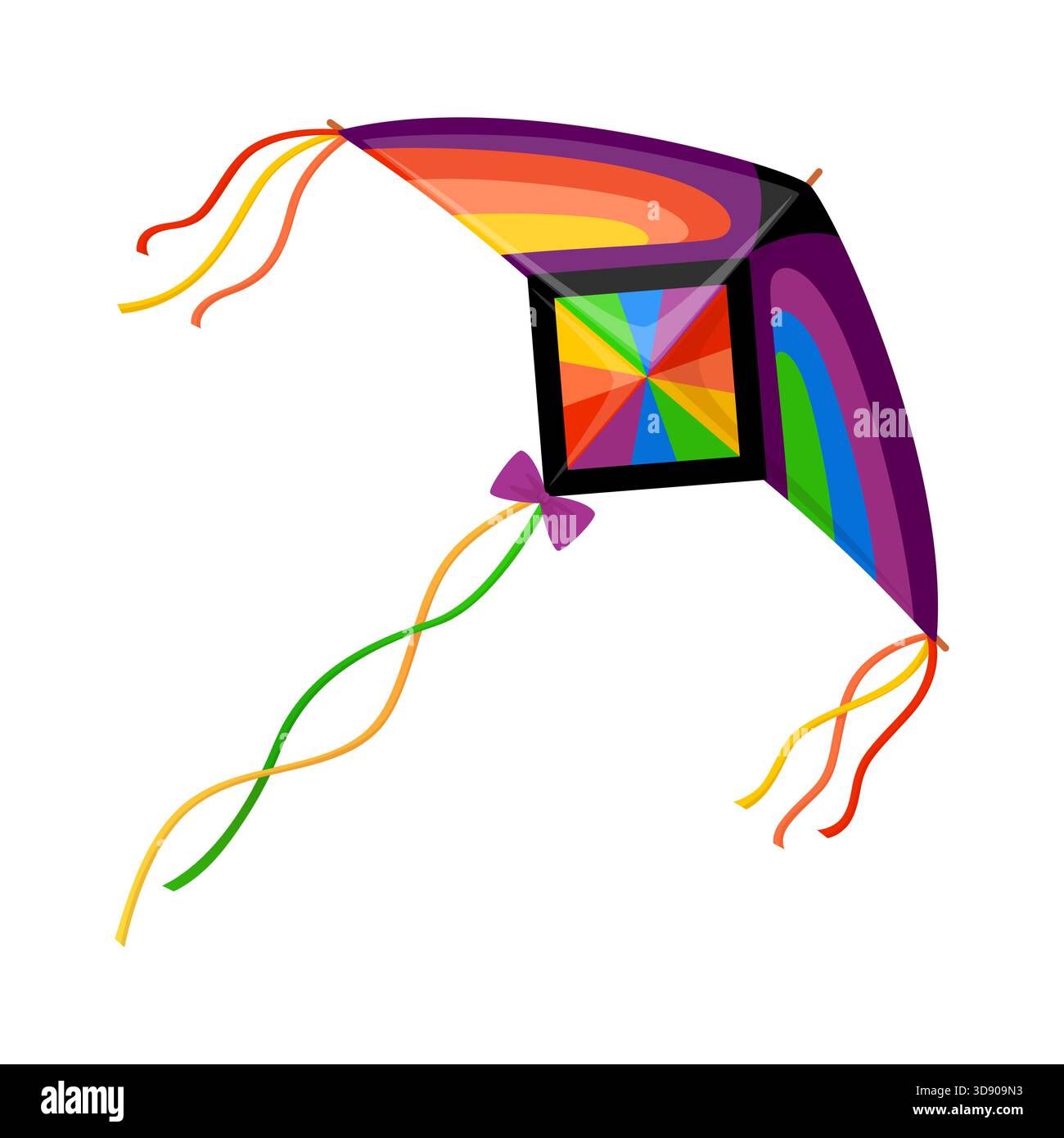 Cartoon paper kite with rainbow spiral, purple wing like edges, long ...