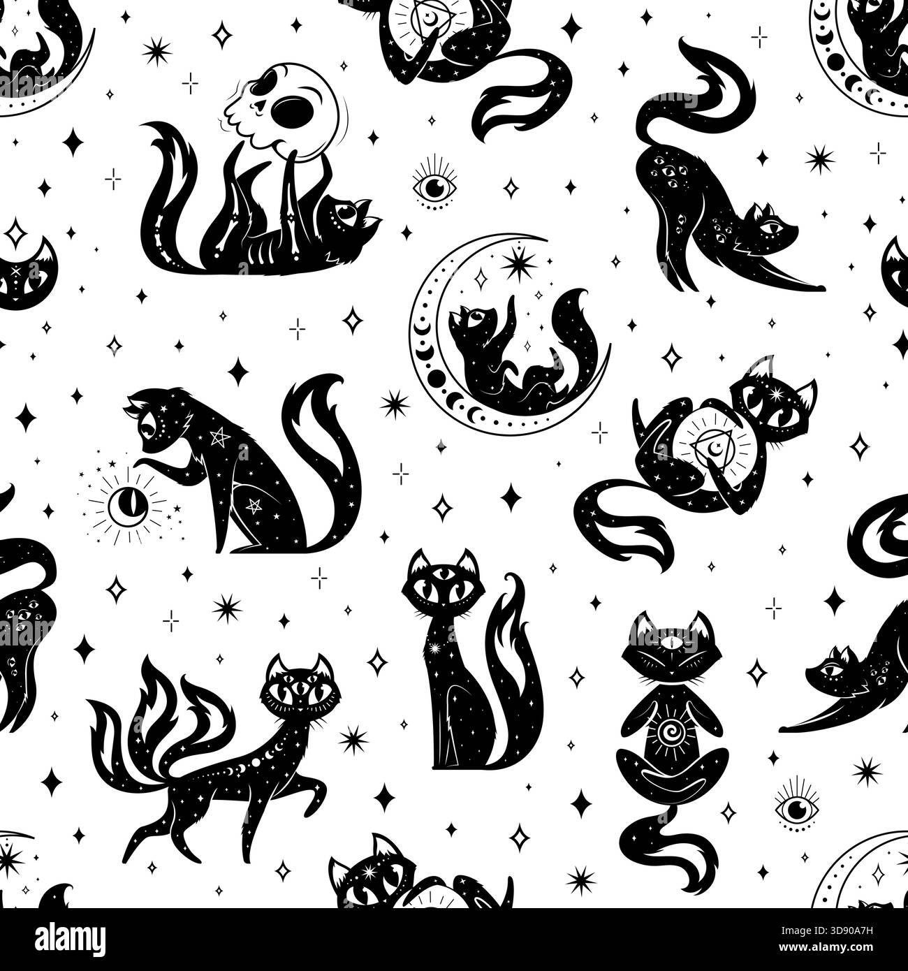 Magic mystic black cats on witchcraft seamless pattern of esoteric ...
