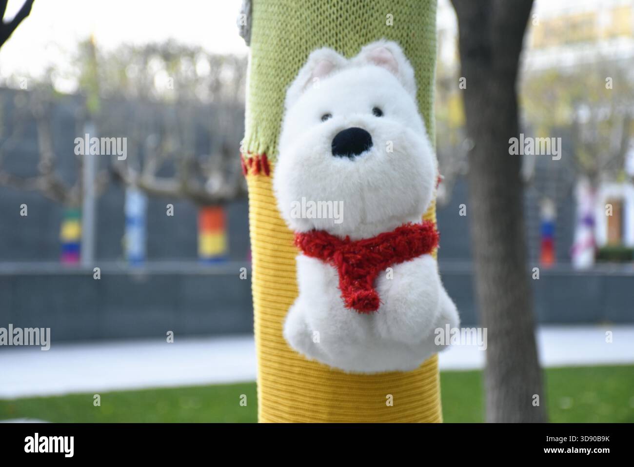 Trees on the street are put on brightly colored "sweaters" for winter ...