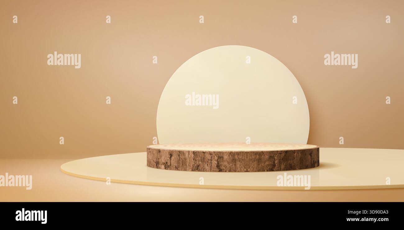 Wooden pedestal podium stage with beige background. Vector round wooden ...