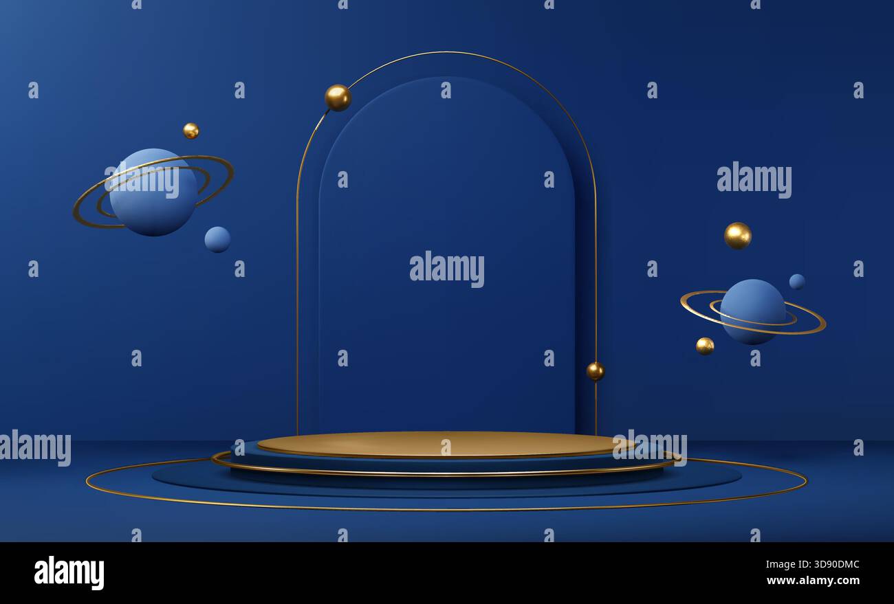 3d blue circular vector podium stage in golden trim, blue planets with ...