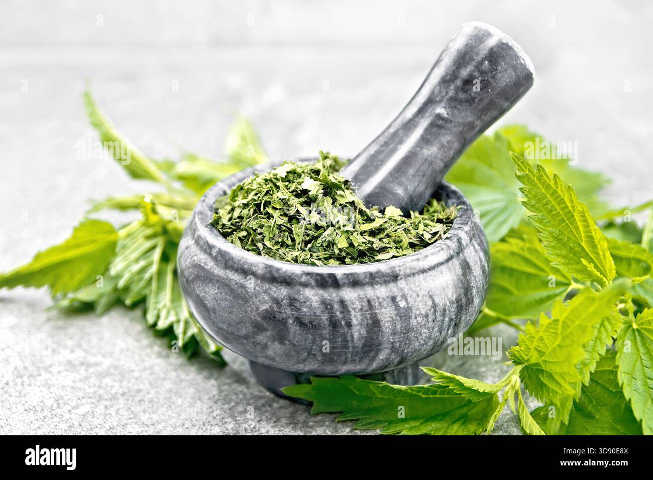 Nettle dried in a mortar and fresh herbs on a table on granite ...