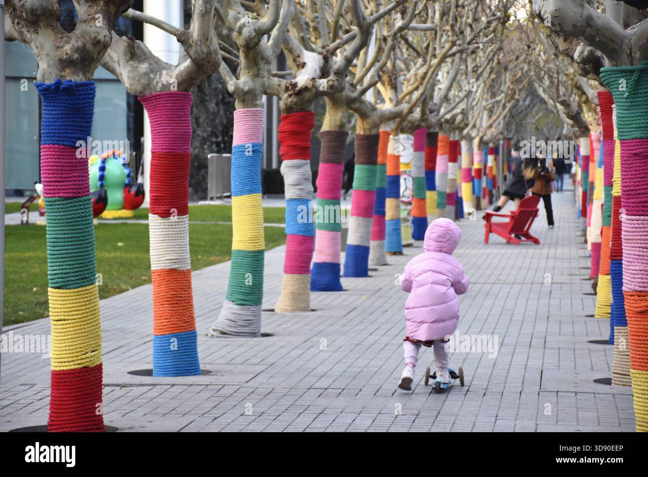 Trees on the street are put on brightly colored "sweaters" for winter ...