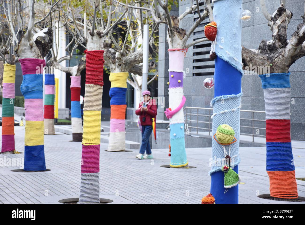 Trees on the street are put on brightly colored "sweaters" for winter ...