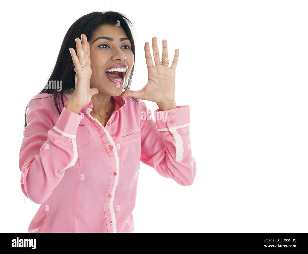 Indian woman shouting. Happy India female announce excited isolated on ...