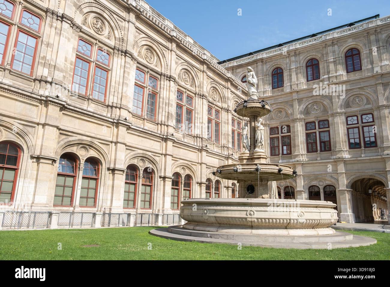 A detailed side view of the courtyard fountain at the Vienna Opera ...