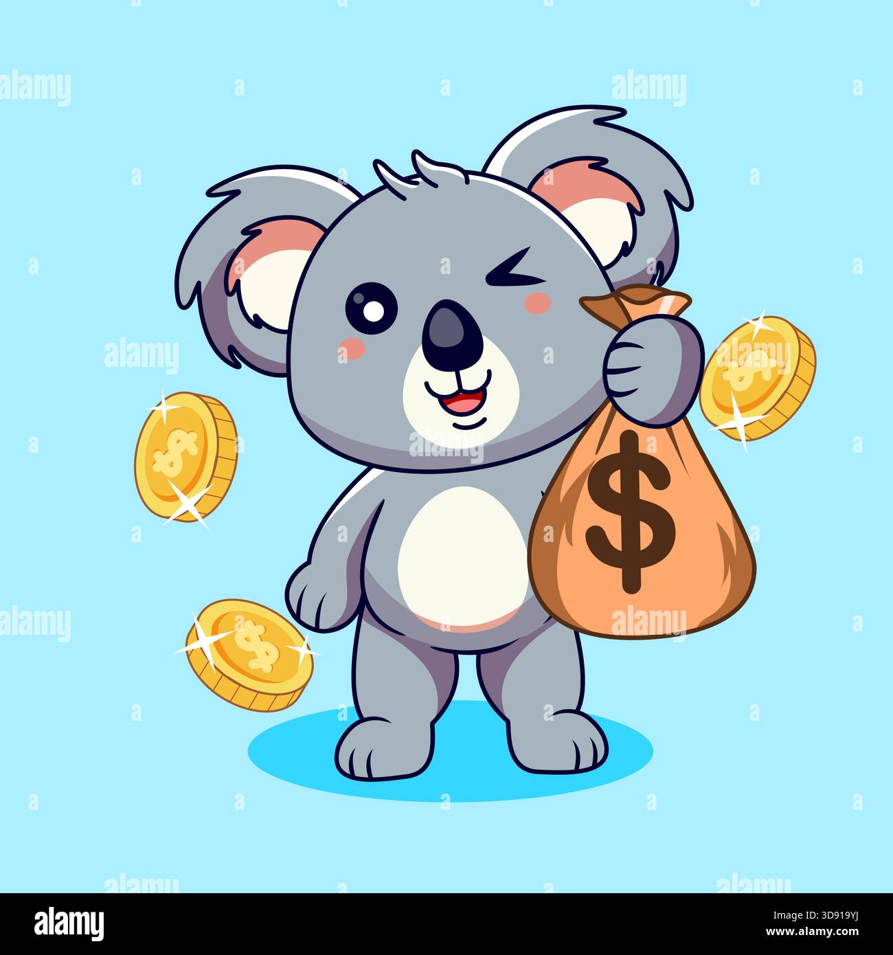 Cute Koala Holding a Money Bag and Gold Coins Vector Illustration ...